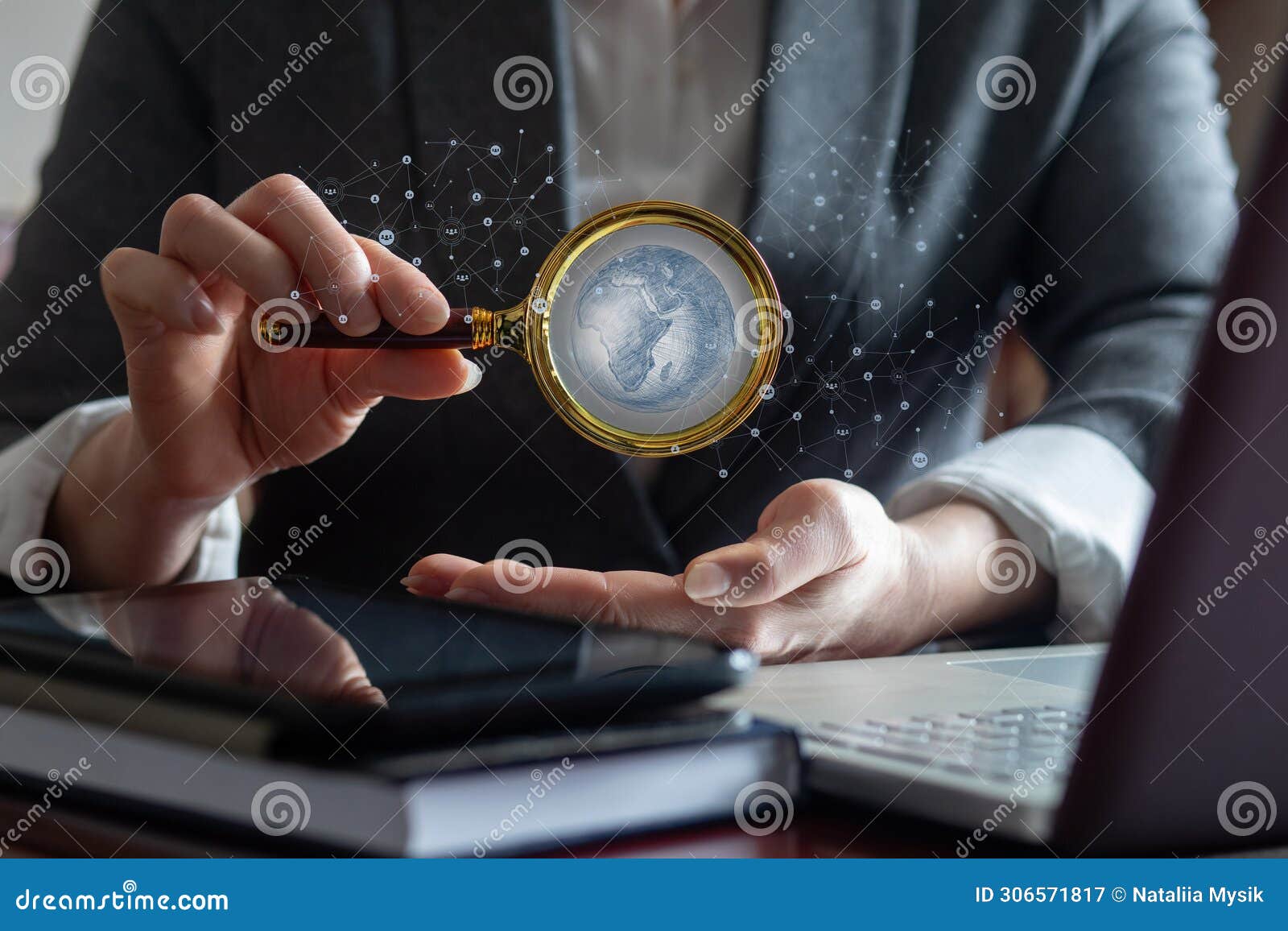 Manager Shows Global Network through Magnifying Glass Stock Image ...