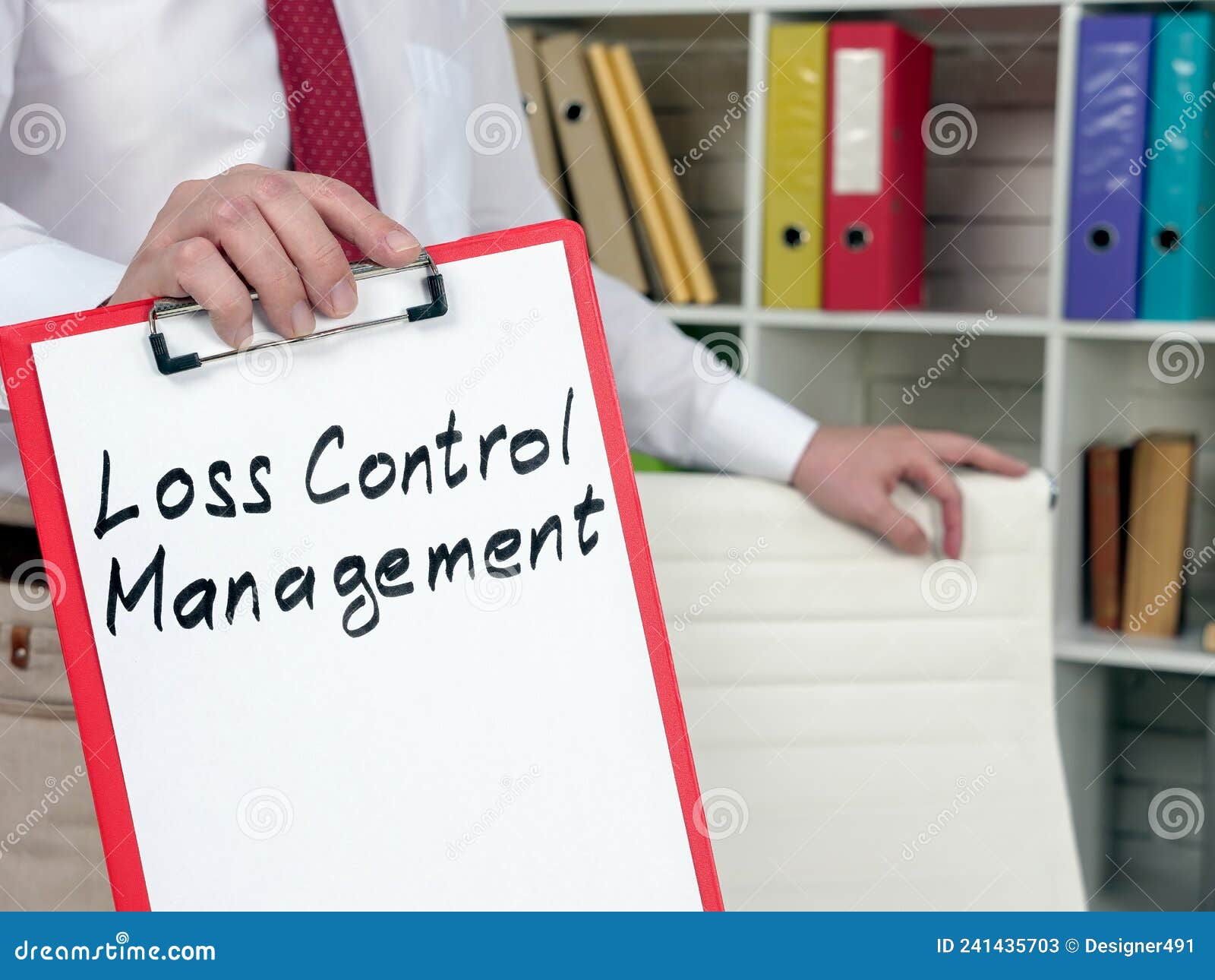 A Manager Shows Red Clipboard with Loss Control Management. Stock Image ...