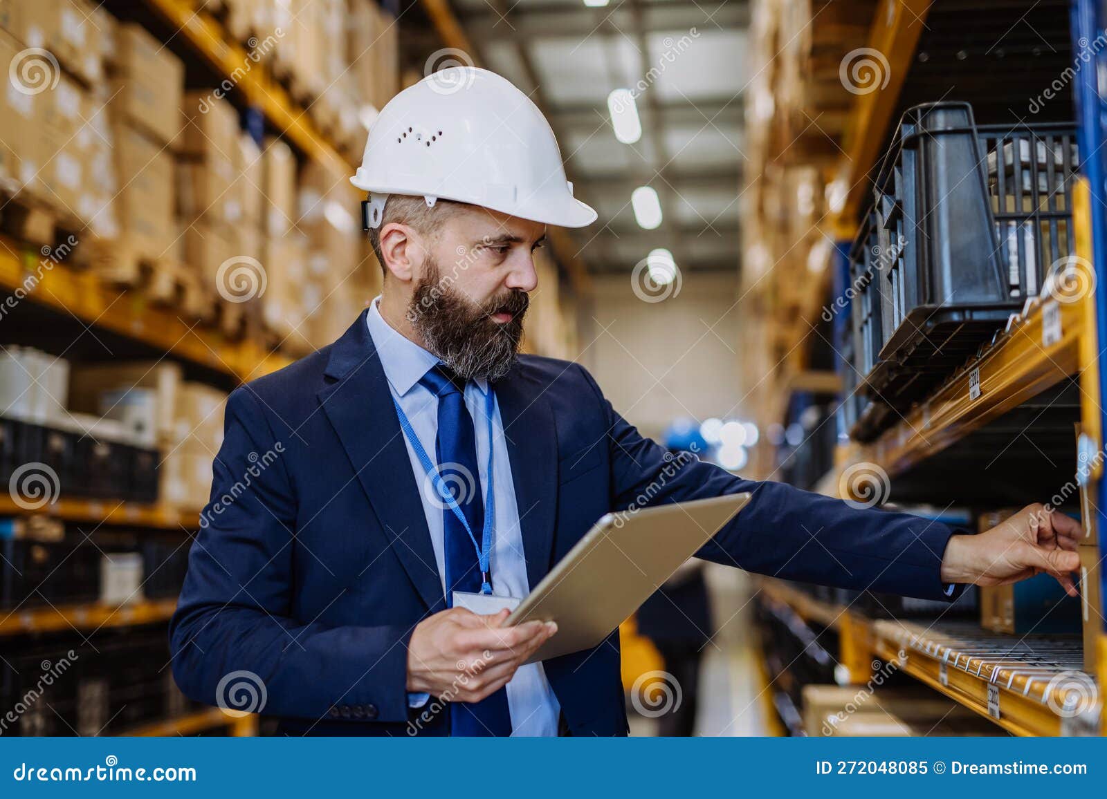 Manager in Suit Controlling Goods in a Waehouse. Stock Image - Image of ...