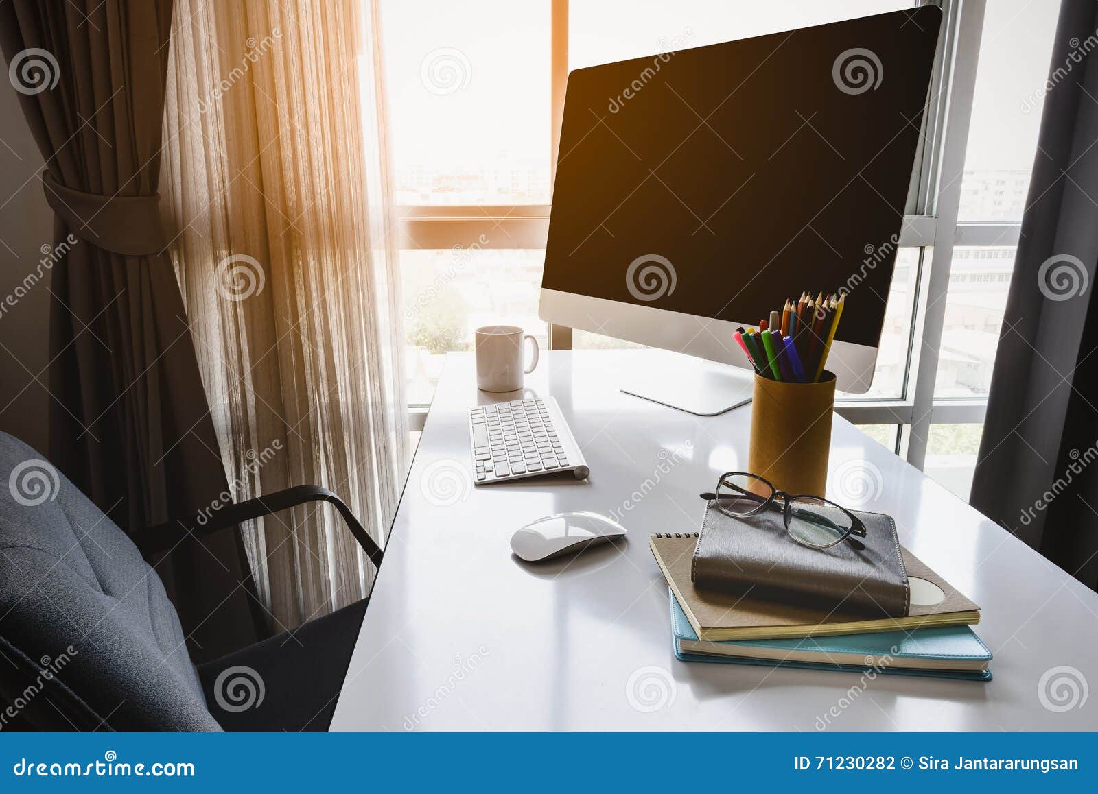 Manager Table with Desktop Computer and Business Notes Stock Photo ...