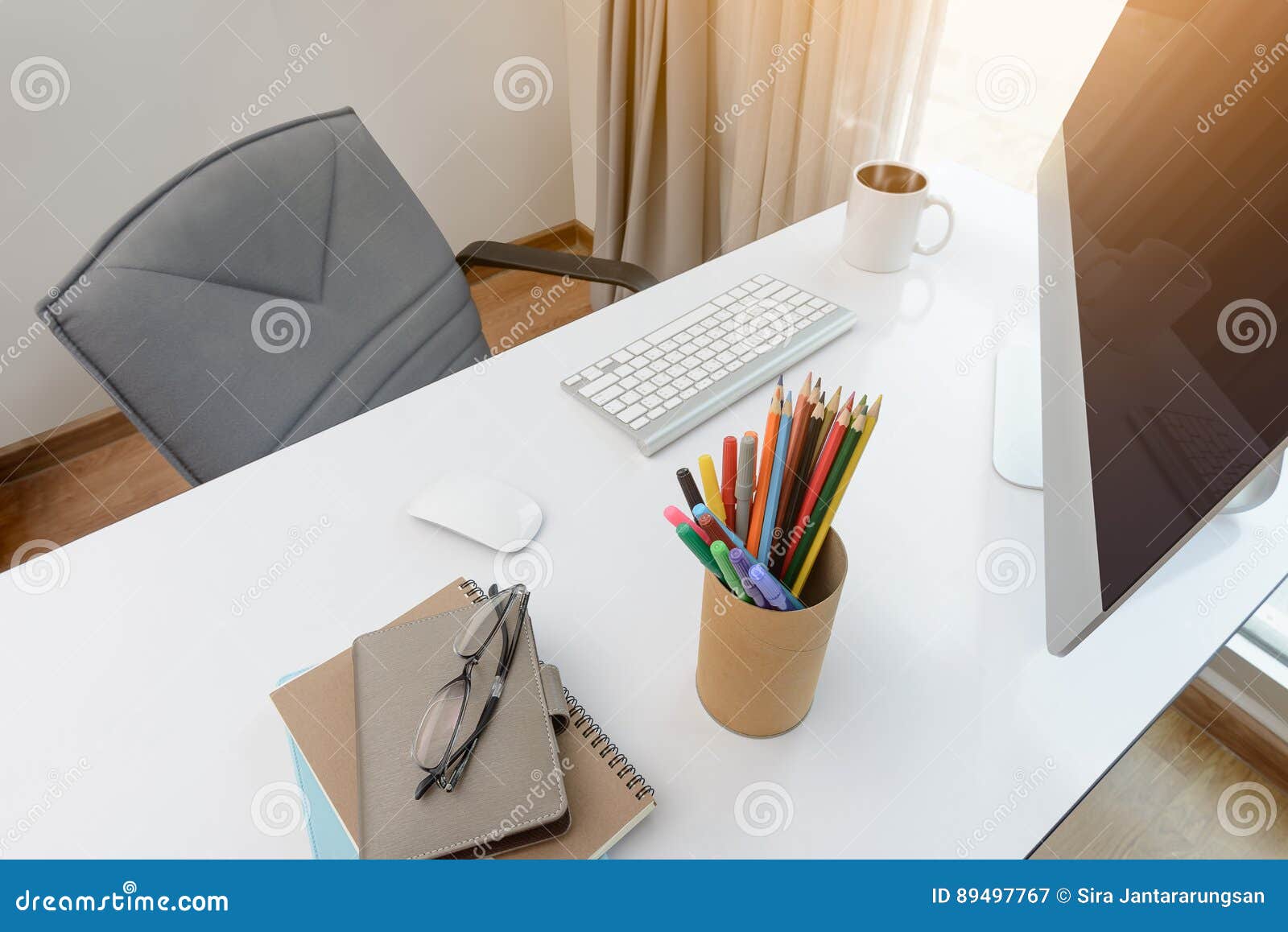 Manager Table with Desktop Computer and Business Notes Stock Image ...