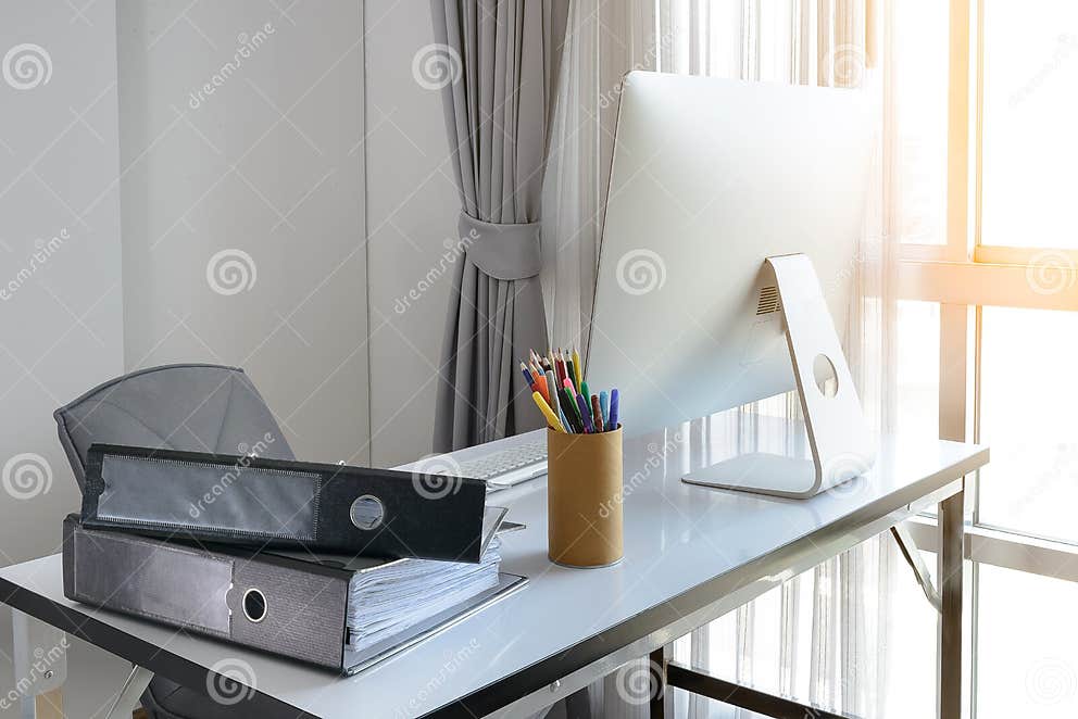 Manager Table with Desktop Computer and Business Notes Stock Image ...