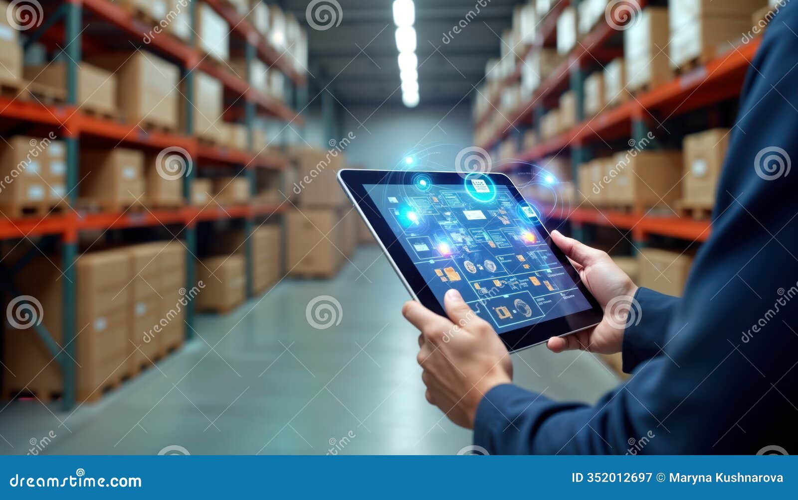 Manager Uses Digital Tablet To Control Smart Warehouse Inventory ...