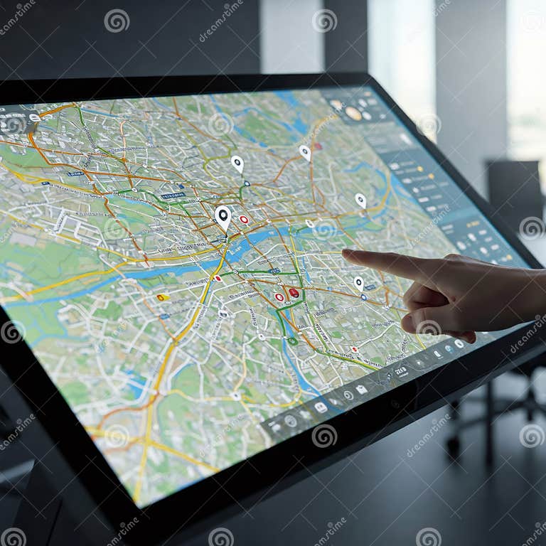 Manager Using Interactive Digital Touchscreen Display Showing City Map with Gps Tracking in ...