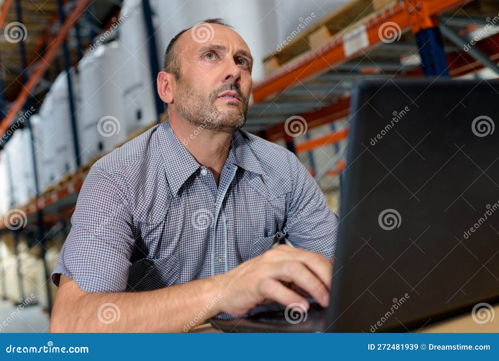 Manager Using Laptop in Warehouse Stock Image - Image of adult ...