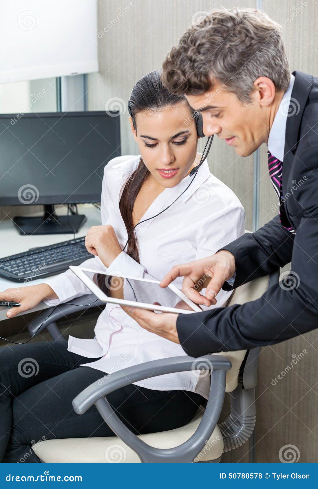 Manager Using Tablet Computer with Customer Stock Photo - Image of ...