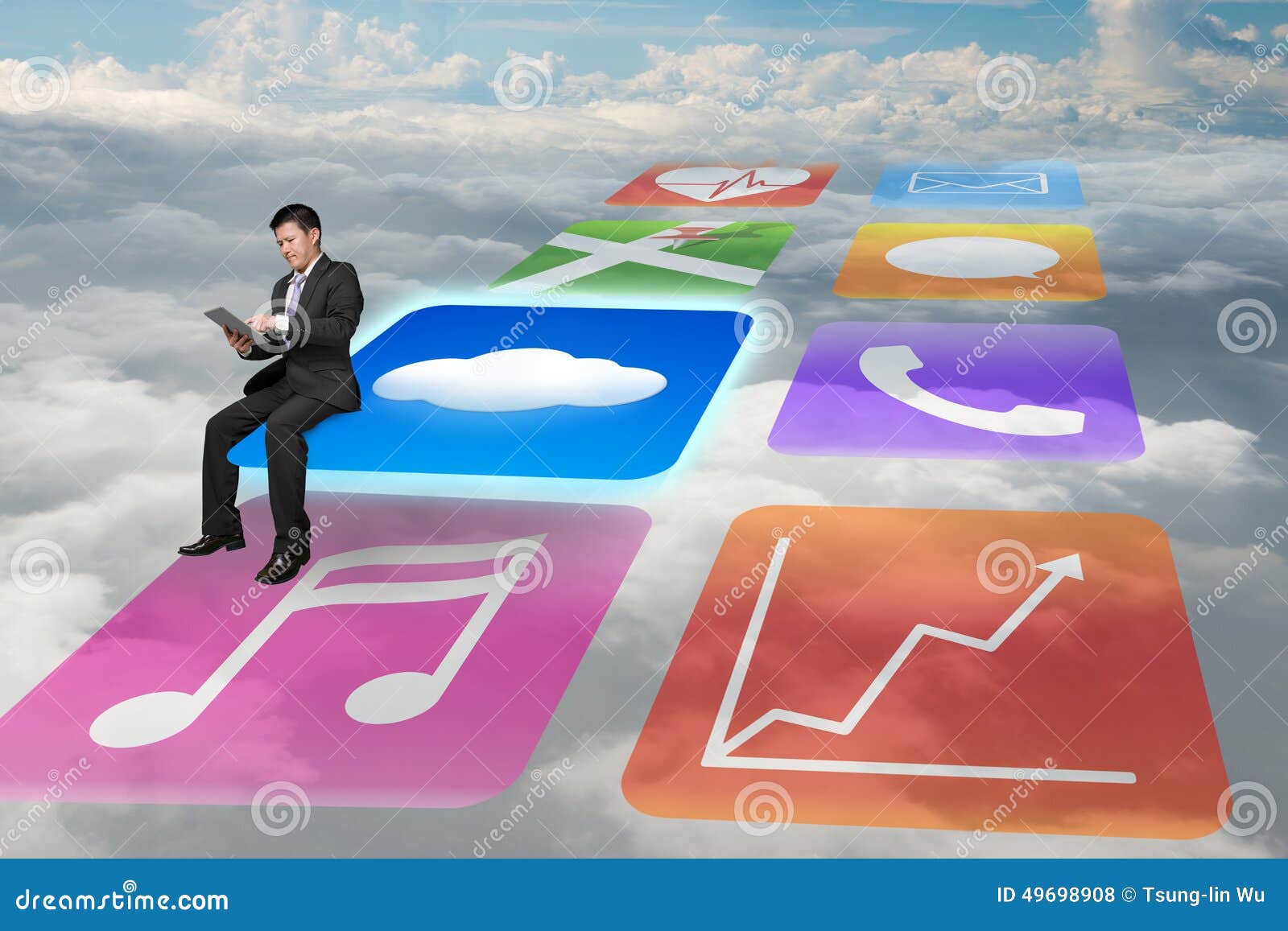 Manager Using Tablet Sitting on Shiny App Icons with Cloudscape Stock ...