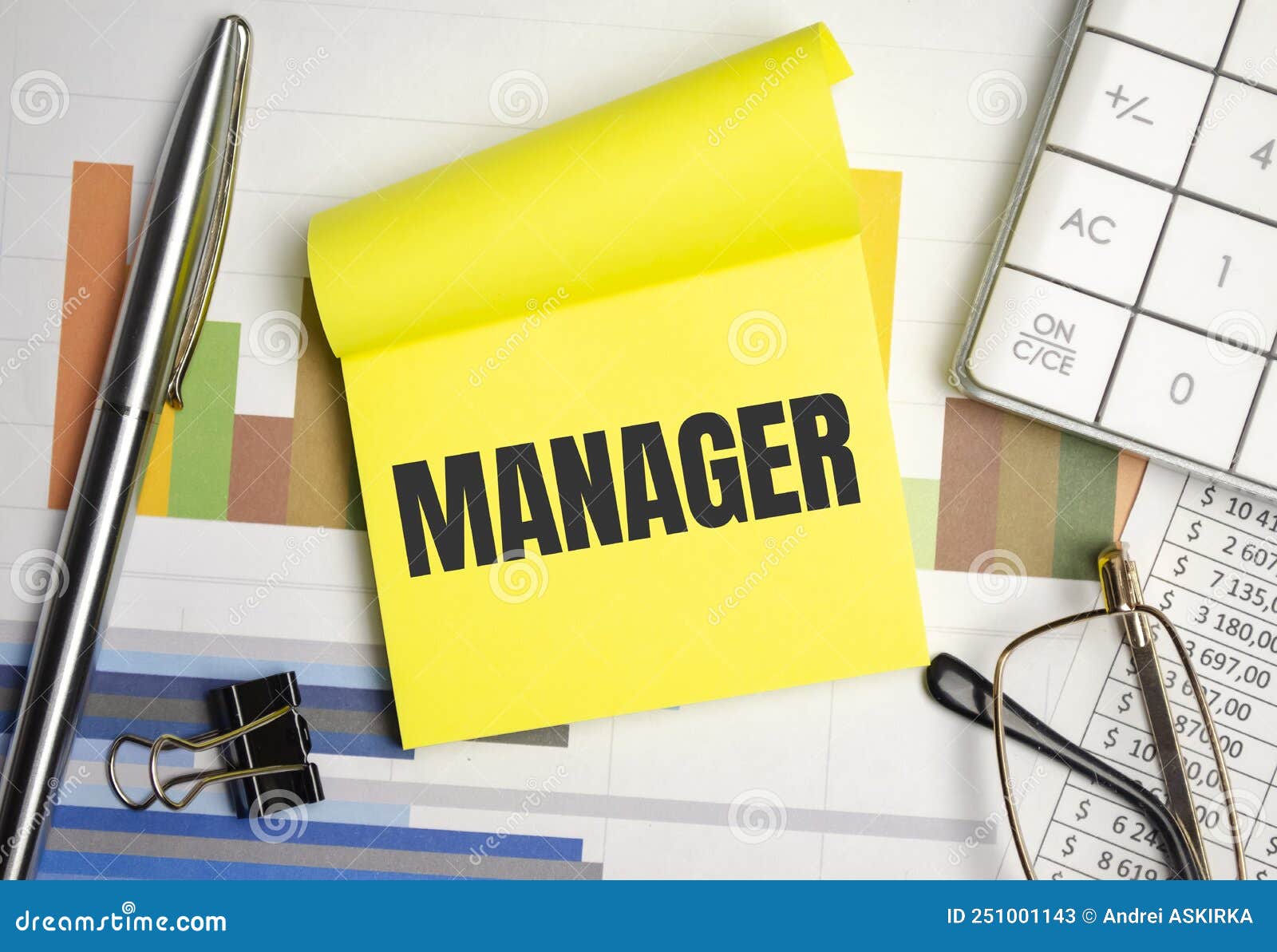 Manager Word on Yellow Sticker and Charts, Pen and Glasses Stock Image ...