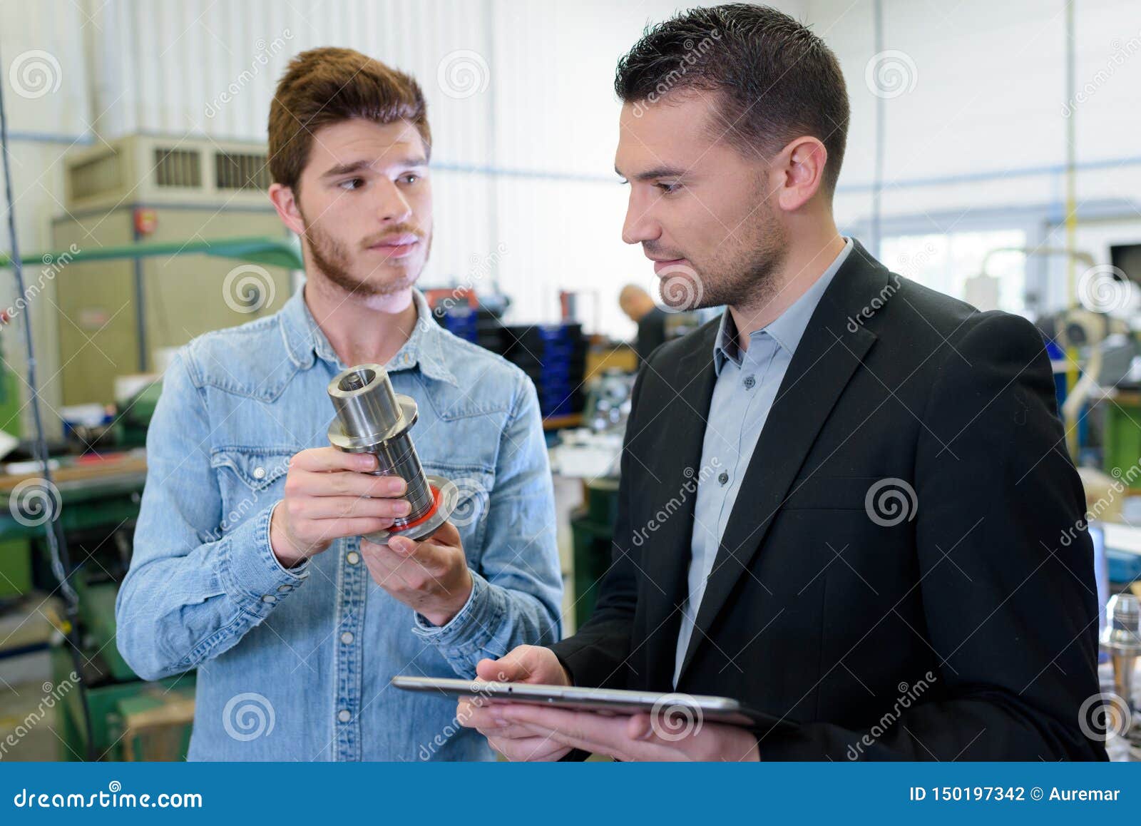 Manager with Worker in Workshop Stock Photo - Image of shop, courage ...