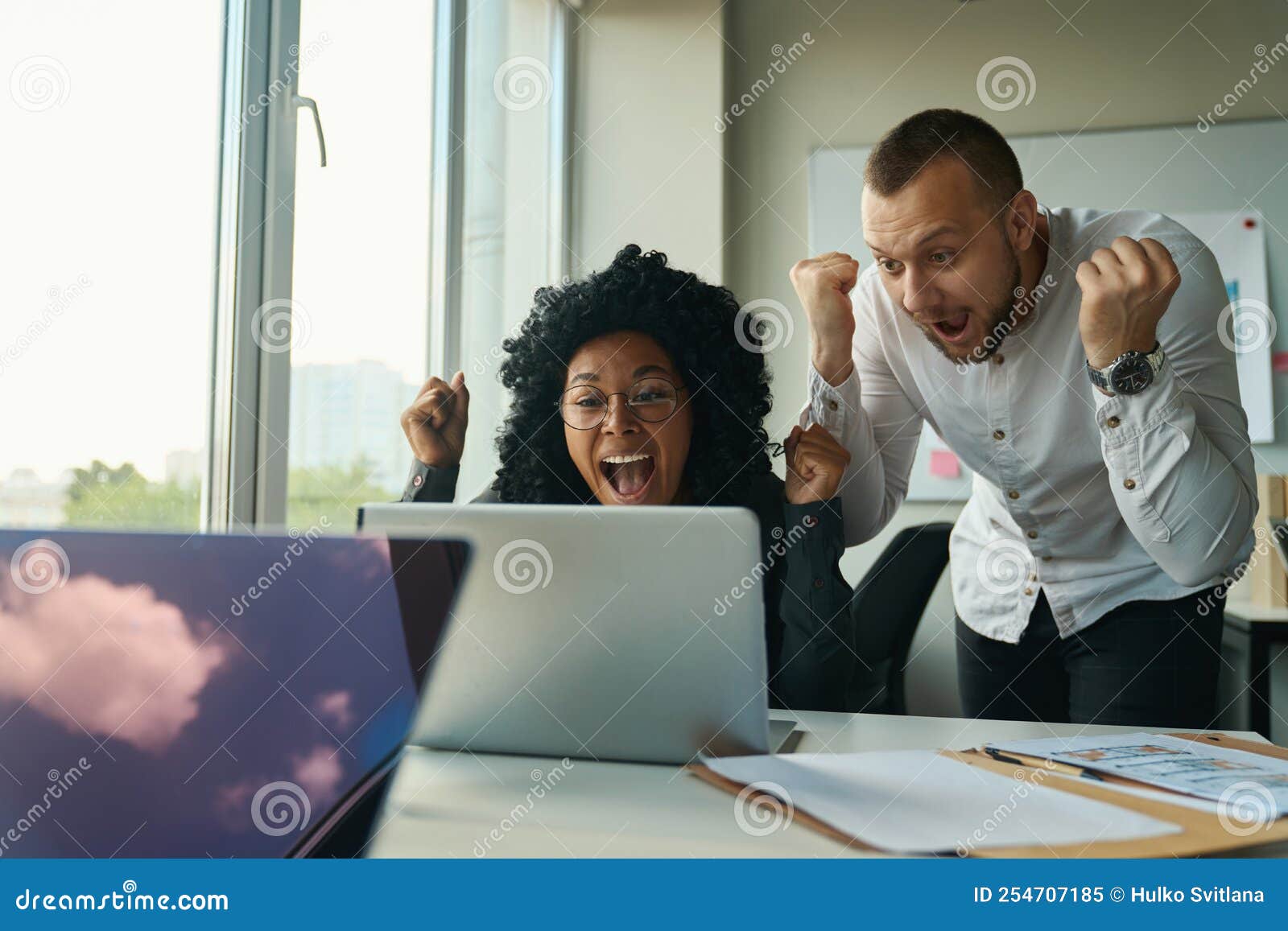 Managers at the Computer Rejoice at the Promotion Stock Image - Image ...