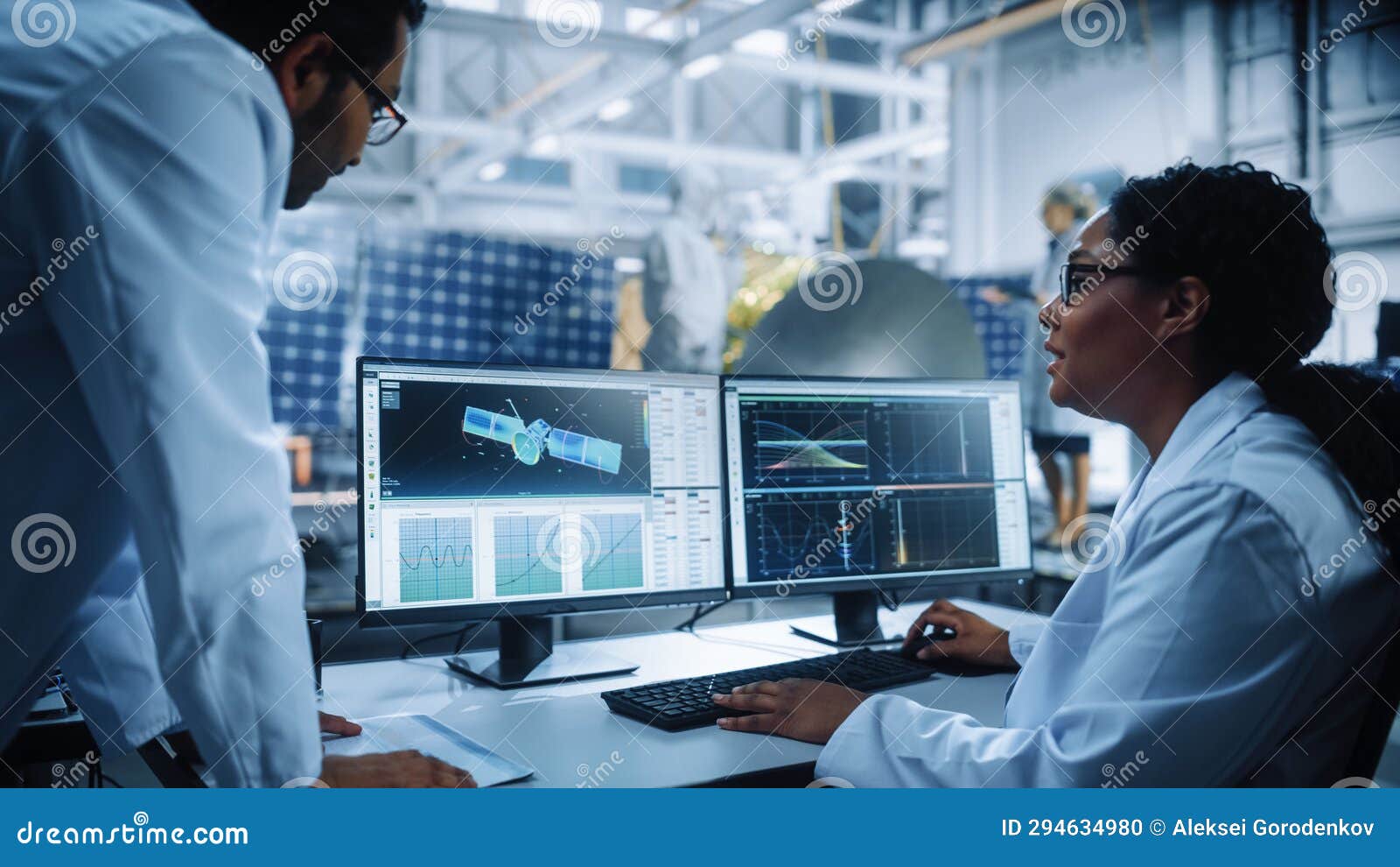 Managing Engineer and Chief Technician Working on Satellite ...