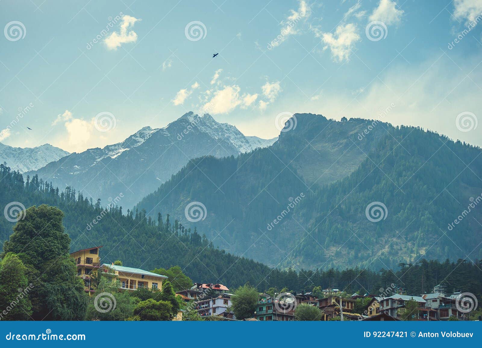 Manali City on Background Himalayan Mountans and Blue Sky with Clouds ...