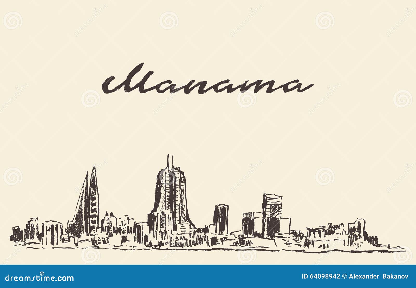 Manama Skyline Bahrain Vector Drawn Sketch Stock Vector - Illustration ...