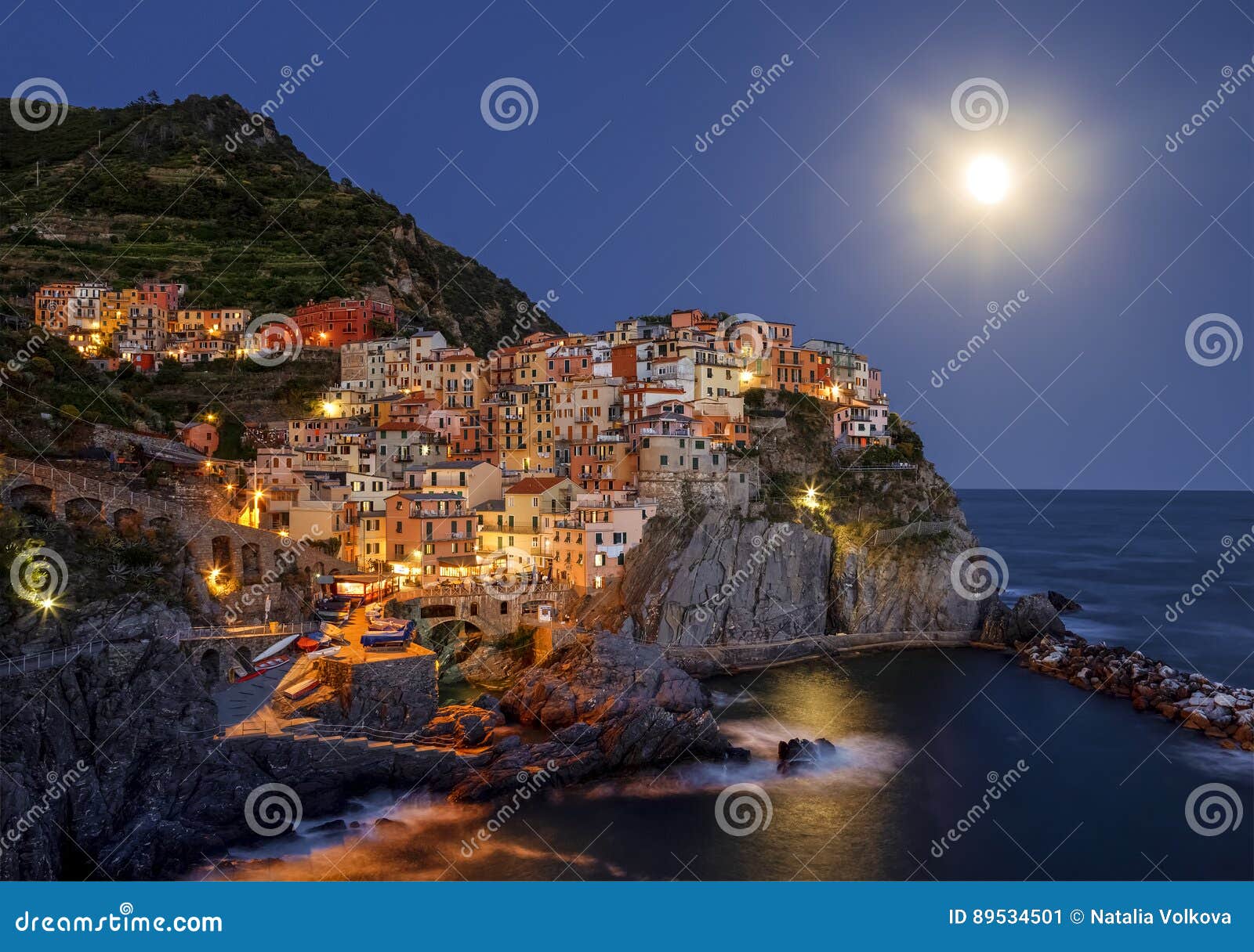 Manarola at Moon Night. Italy. Stock Image - Image of lliguriaitaly ...
