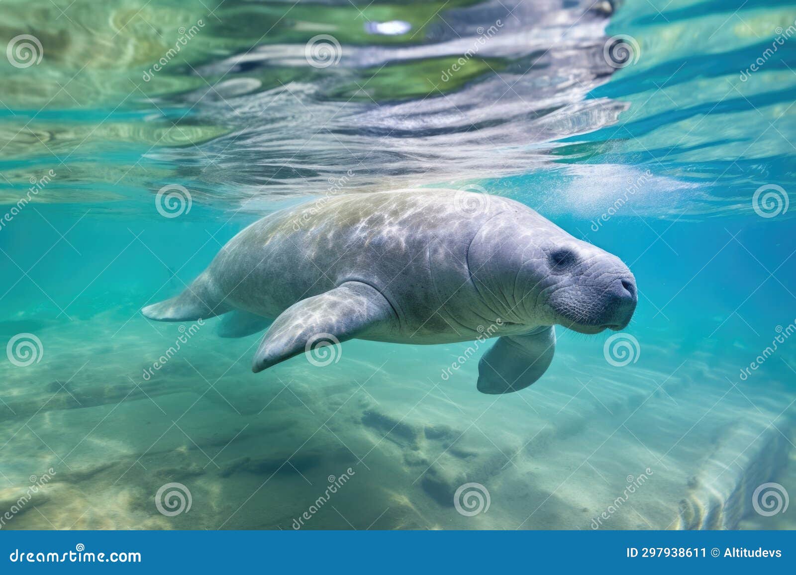 Manatee Pushing Forward through Shallow, Clear Water Stock Image ...