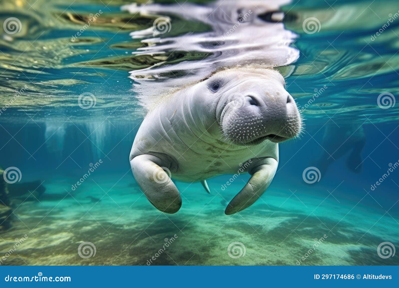 Manatee Pushing Forward through Shallow, Clear Water Stock Photo ...