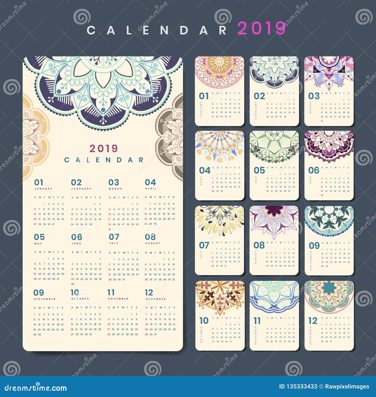 Mandala calendar mockup stock vector. Illustration of graphic - 135333433