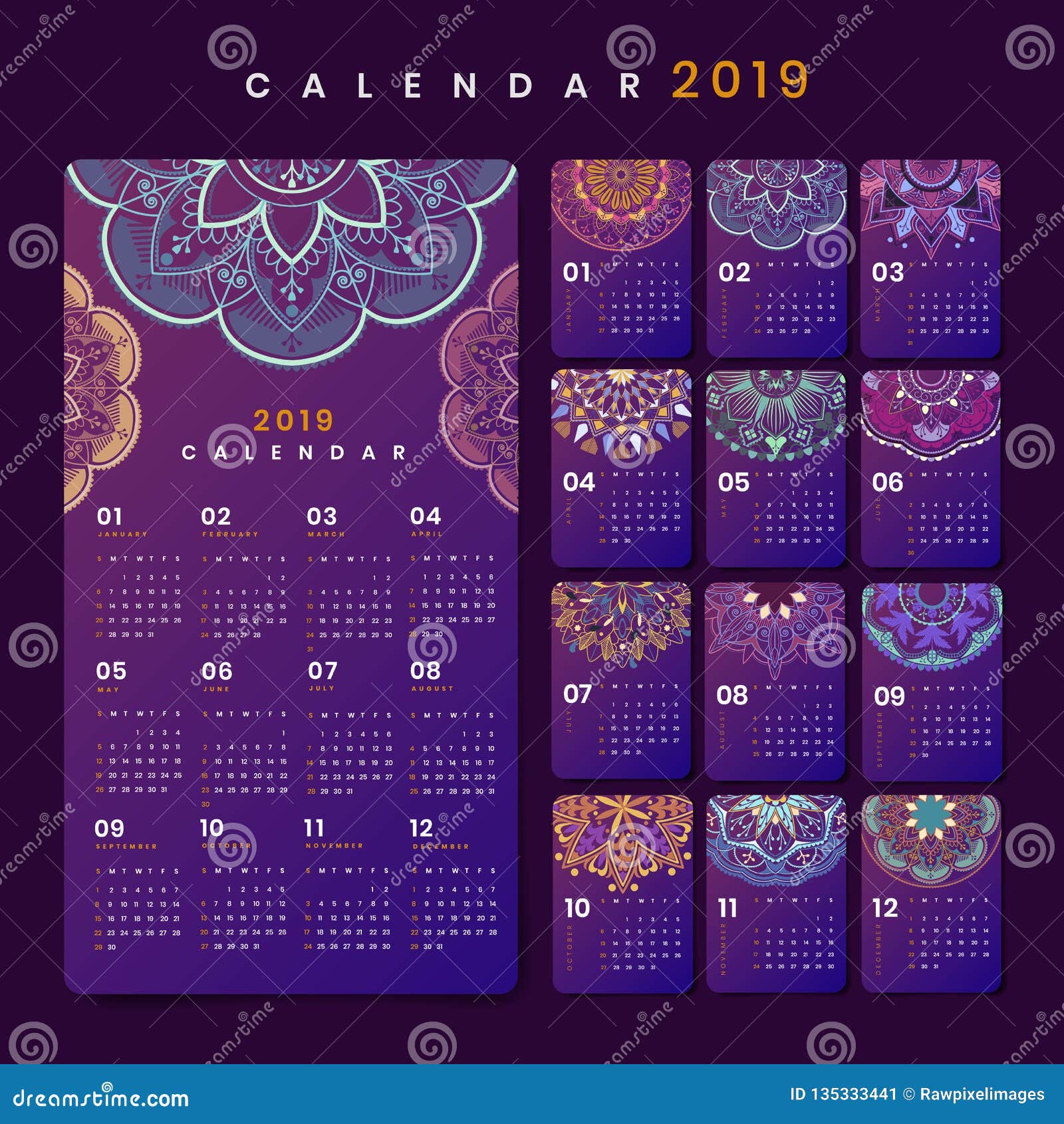 Mandala calendar mockup stock vector. Illustration of month - 135333441