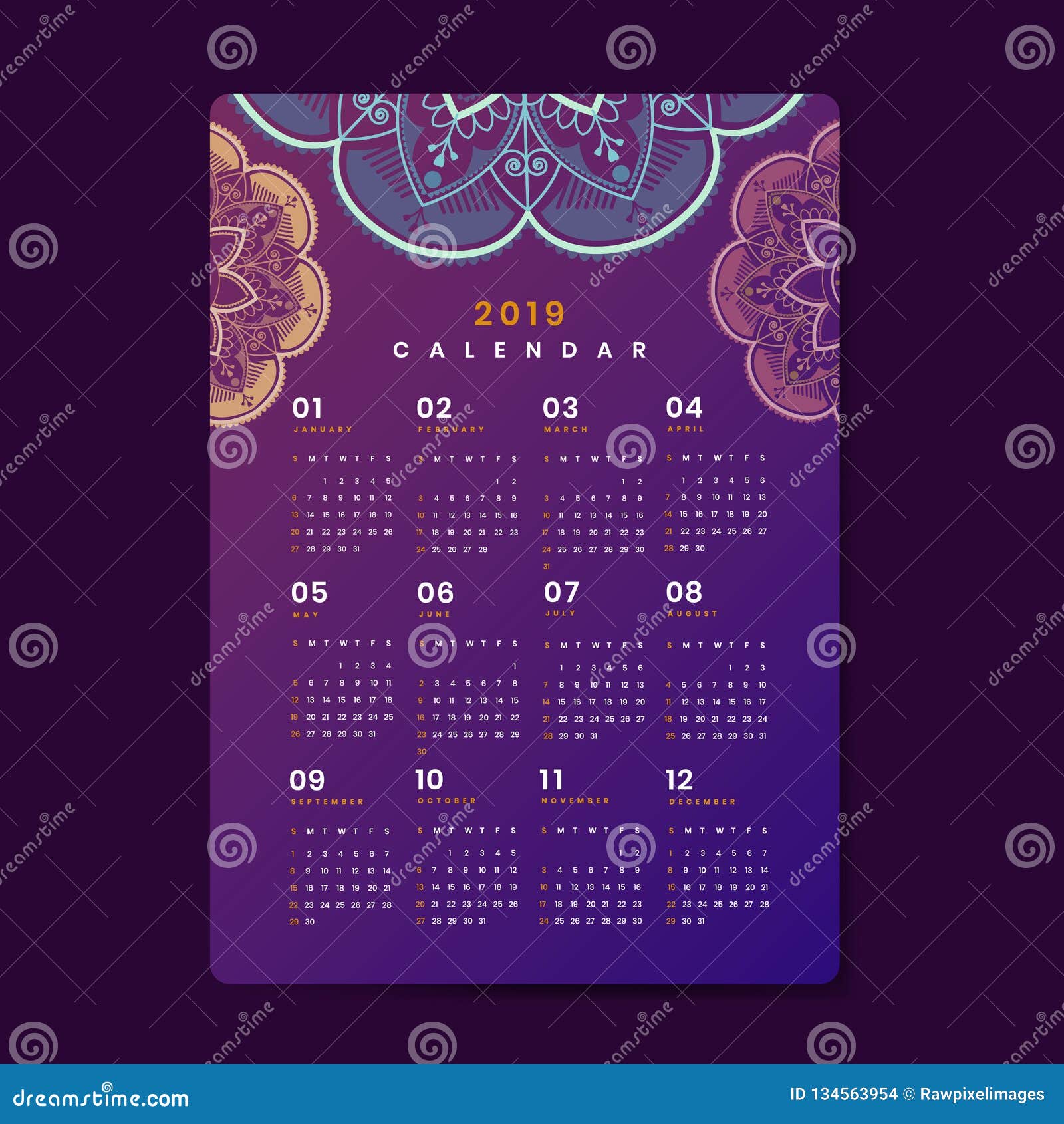 Mandala Calendar 2019 Vector Poster Stock Vector - Illustration of desk ...