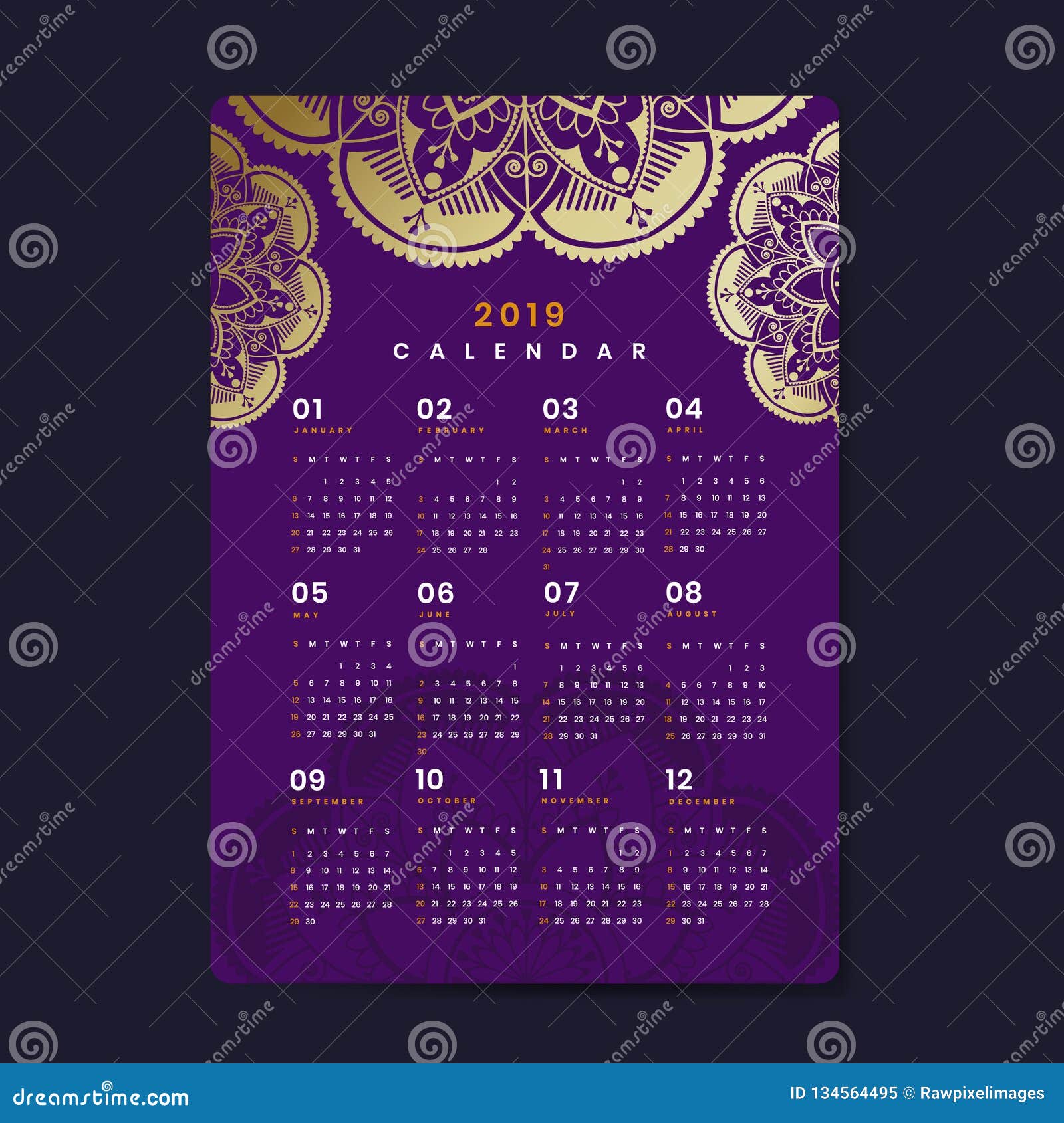 Mandala Calendar 2019 Vector Poster Stock Vector - Illustration of june ...