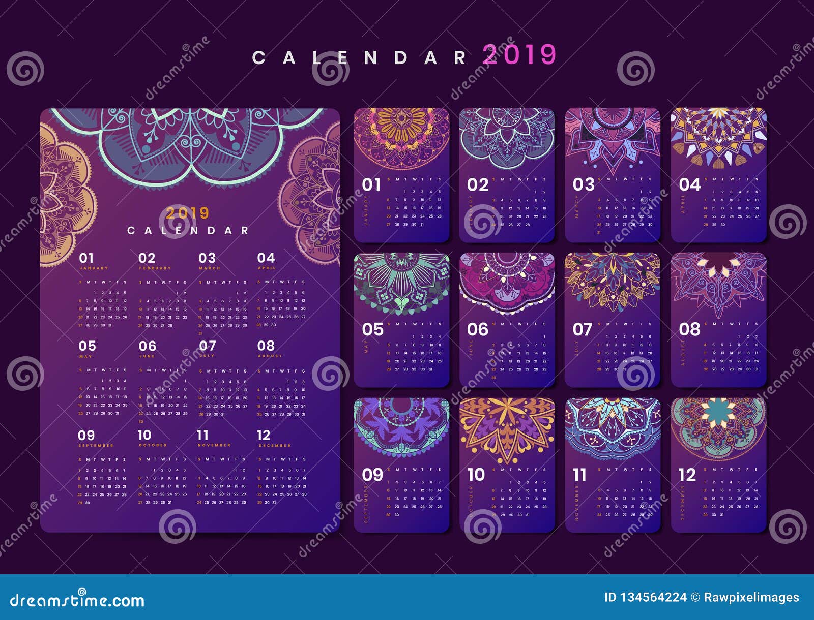 Mandala Calendar 2019 Vector Posters Set Stock Vector - Illustration of ...