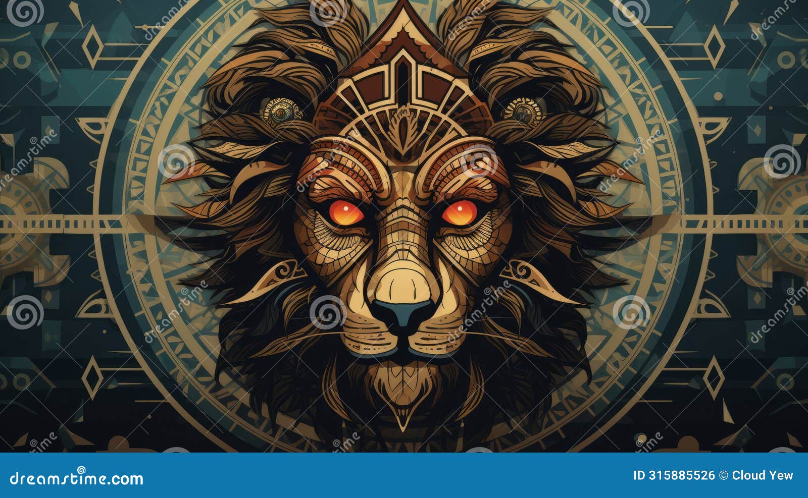 A Mandala Featuring a Tribal Lion and Tribal Masks Stock Illustration ...