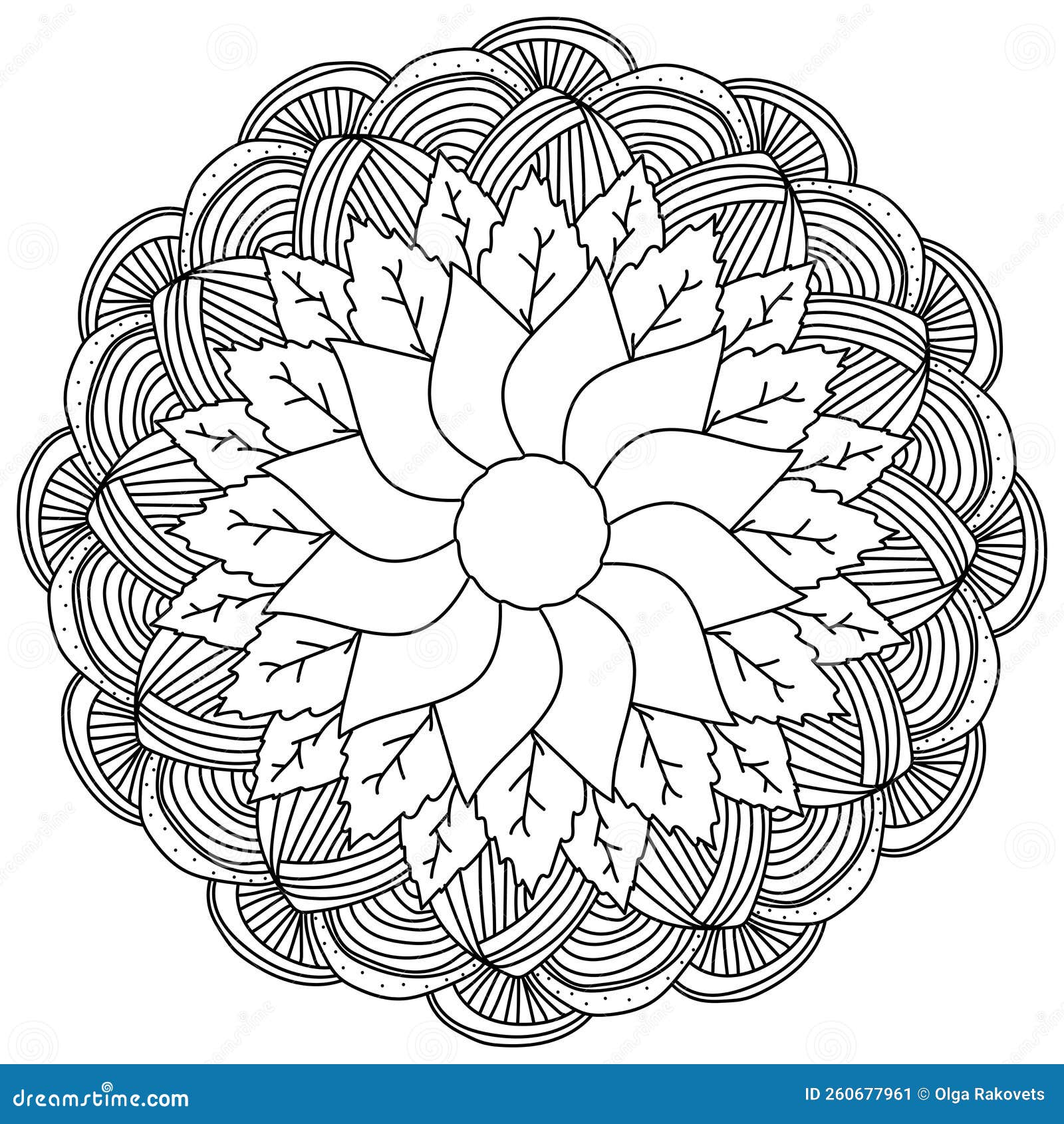 Mandala Flower with Striped Patterns, Meditative Coloring Page on a ...