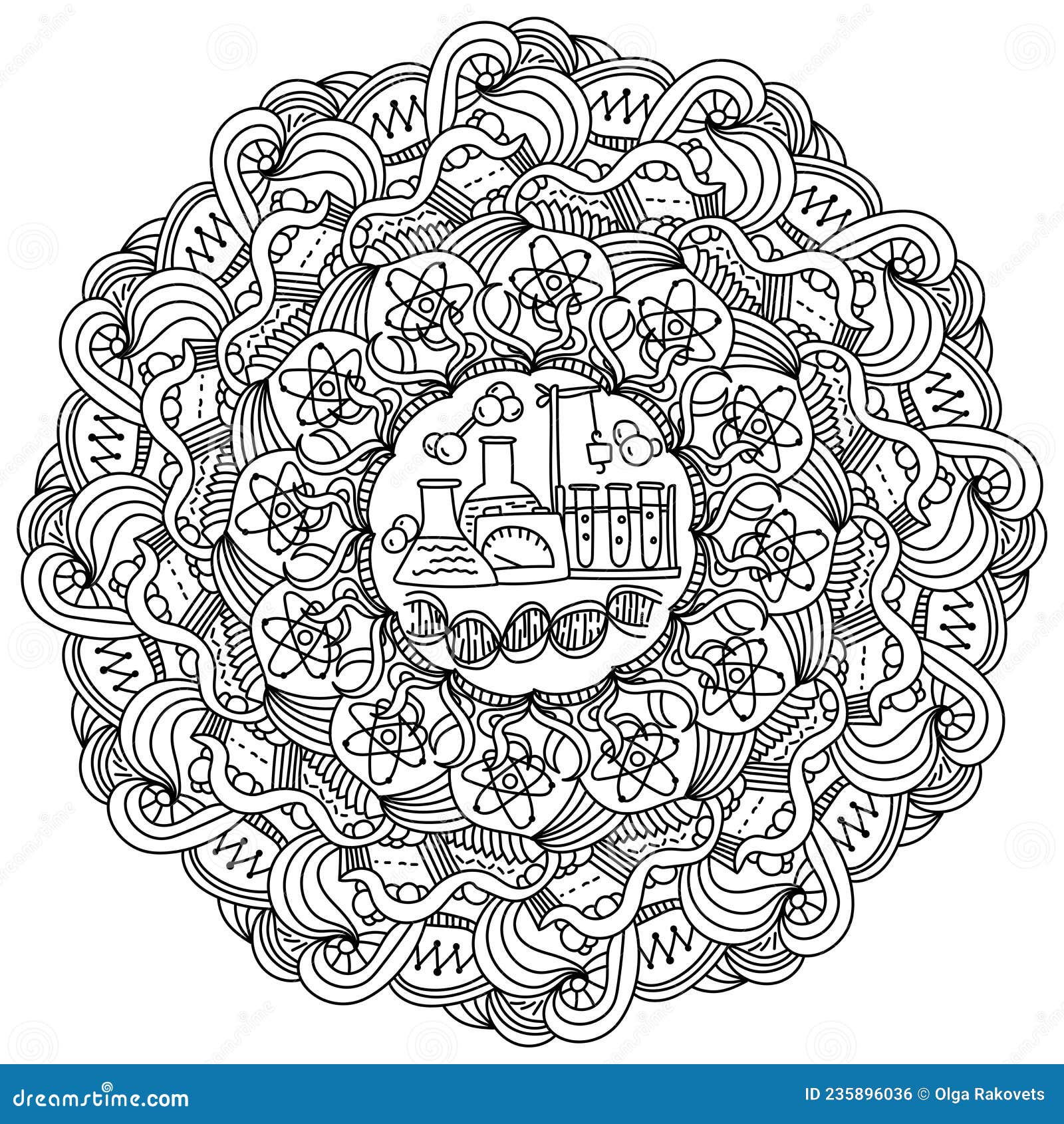 Mandala on a Scientific Theme, Meditative Coloring Page with Various ...