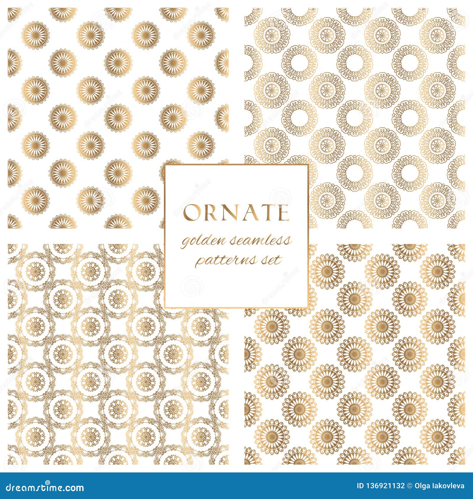 Oriental Gold and White Ornate Vector Seamless Patterns Set Stock ...