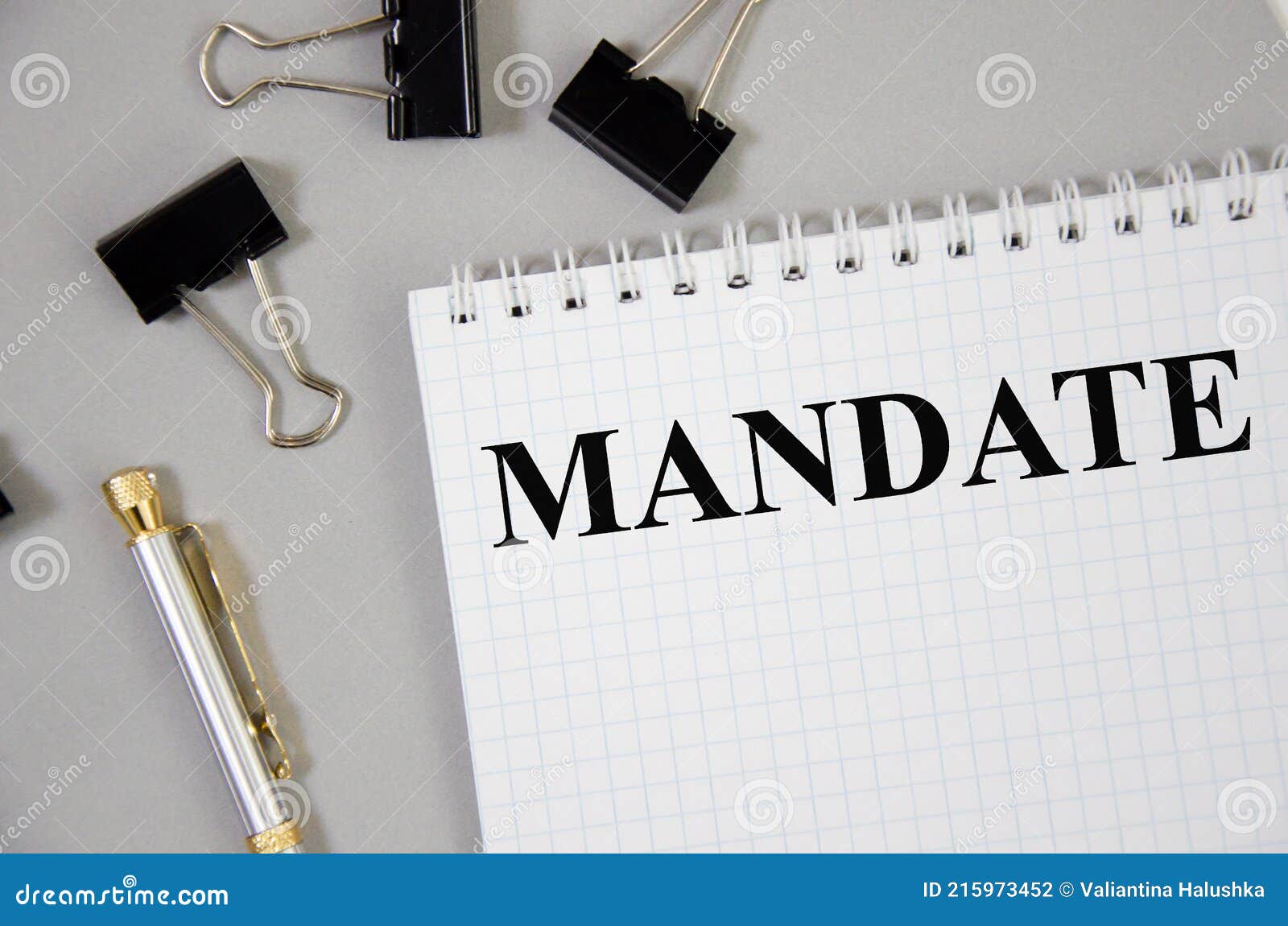 Mandate Word Written on Gray Background with Pencils and Paper Clips ...