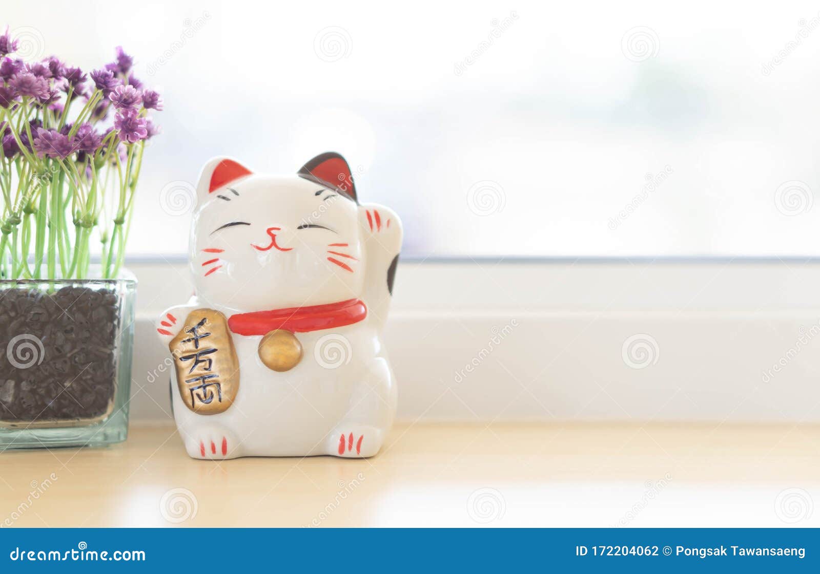 Maneki Neko Lucky Cat Show Text on Hand Meaning Rich on Table, Select ...