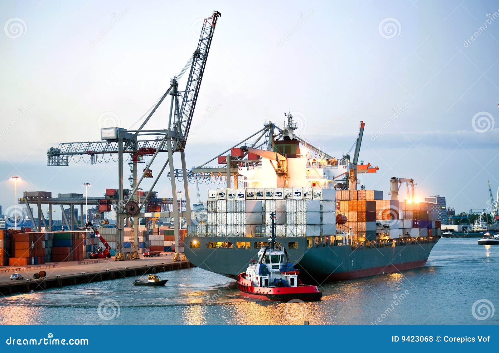 Maneuvering container ship stock photo. Image of import - 9423068