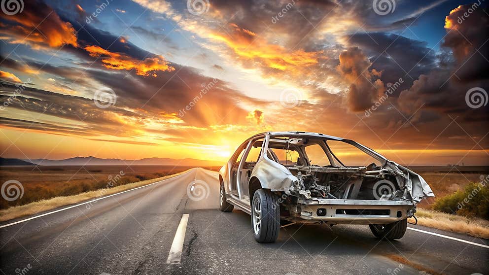 A Mangled Car Wreck on a Deserted Highway, Bathed in the Harsh Glare of ...