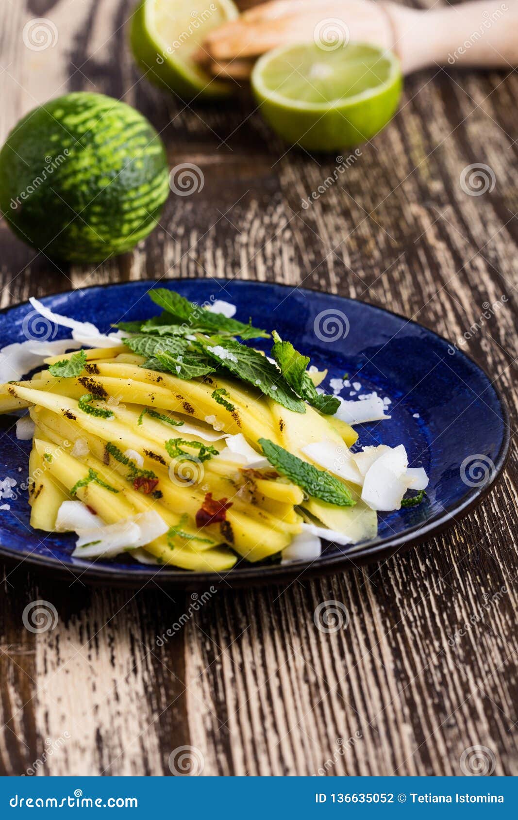 Mango Appetizer with Coconut and Chilli Stock Photo - Image of close ...