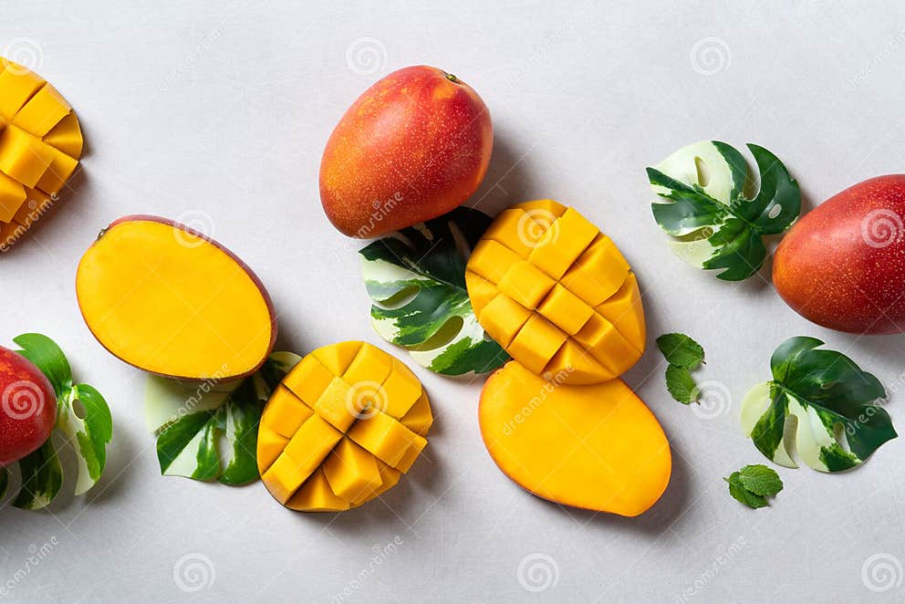 Mango Background Design Concept. Top View Diced Fresh Mango Fruit on ...