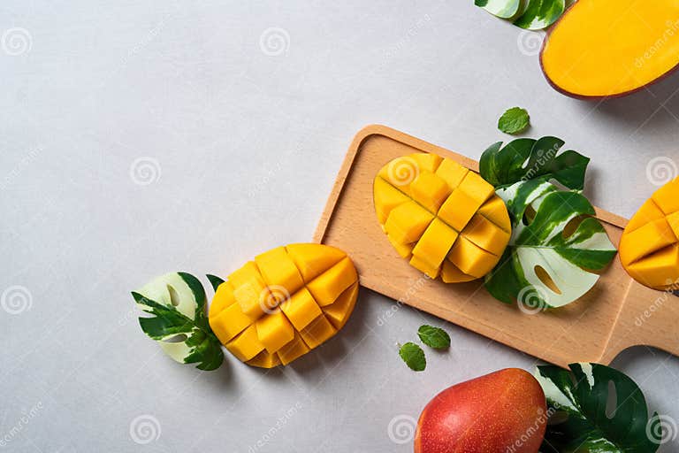 Mango Background Design Concept. Top View Diced Fresh Mango Fruit on ...