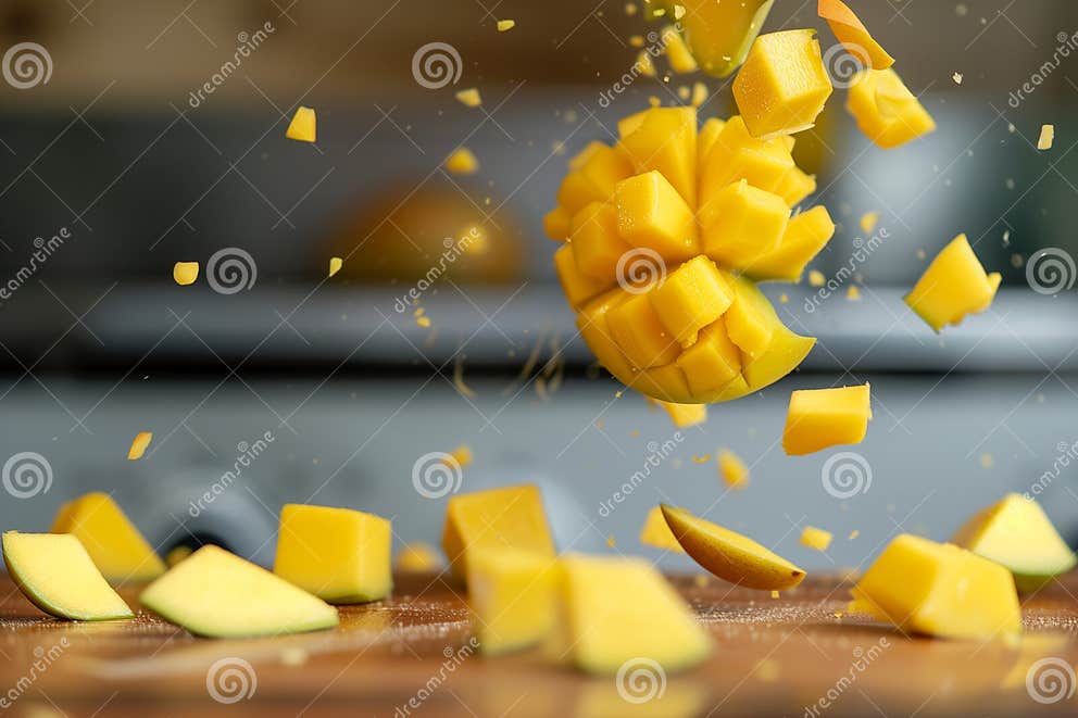 Mango Being Chopped with Pieces Flying Off Stock Image - Image of ...