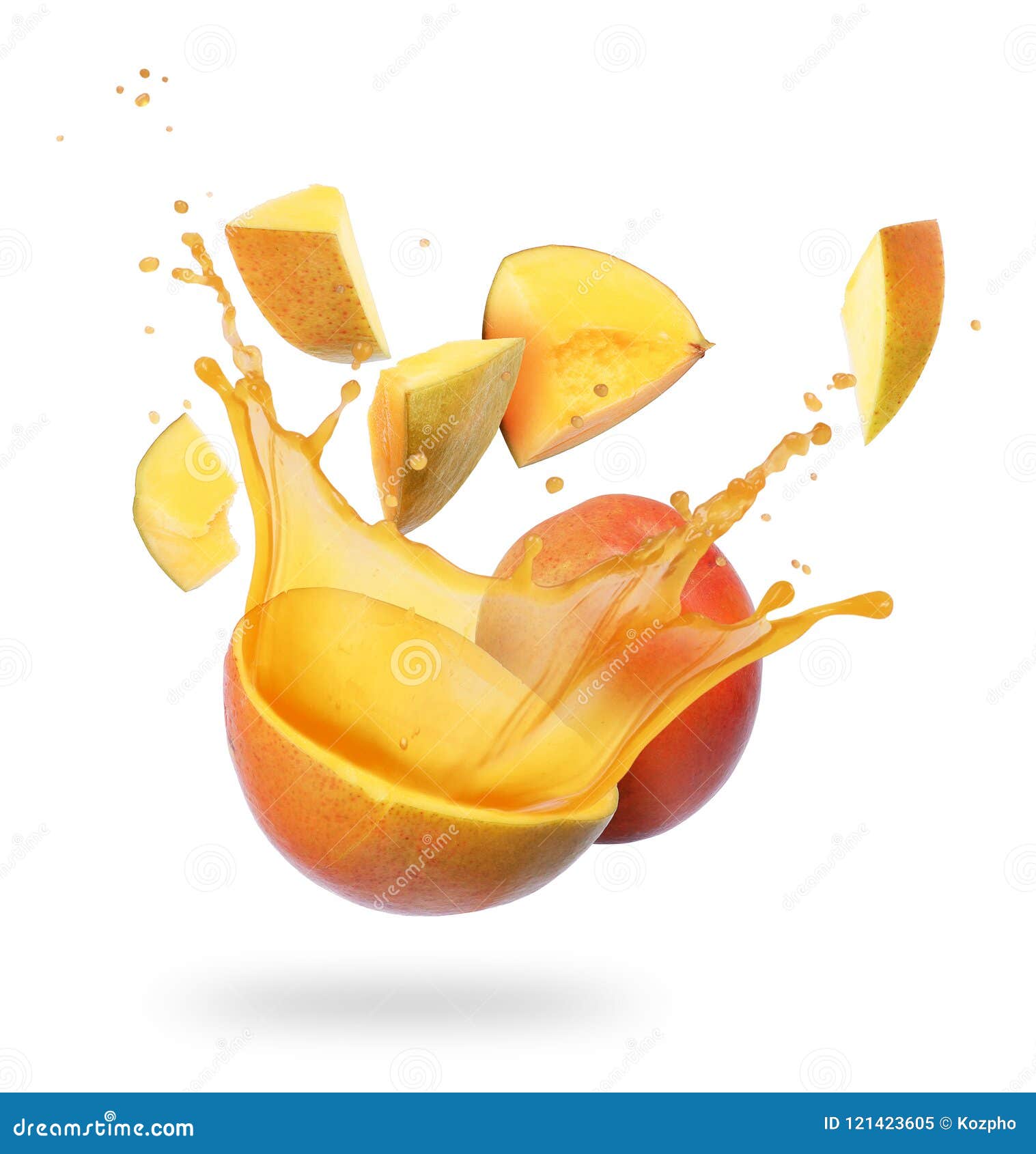 Mango Broken into Pieces with Splashes of Juice on White Stock Image ...