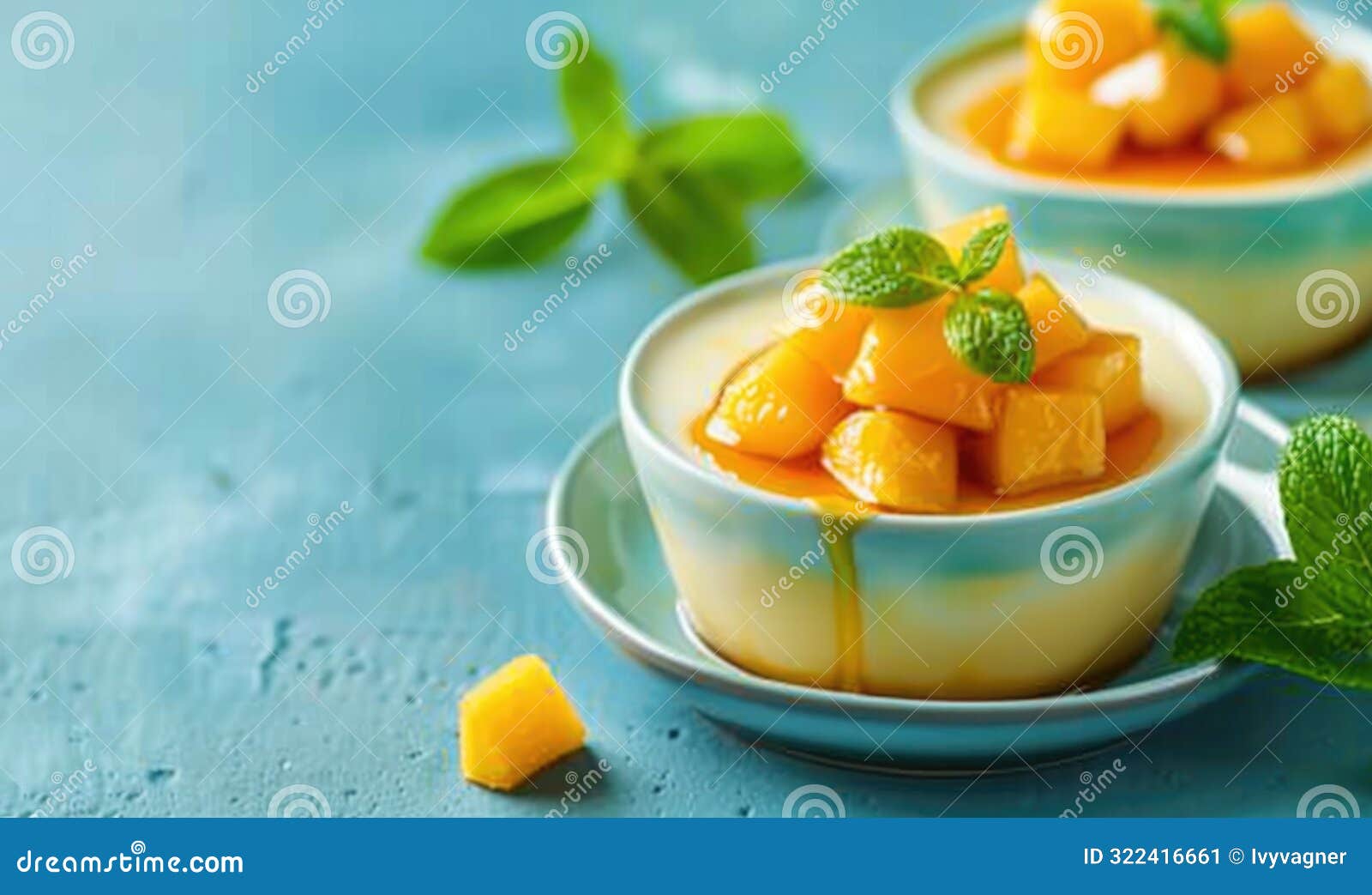 Mango and Caramel Flan on a Pastel Blue Background Stock Image - Image ...