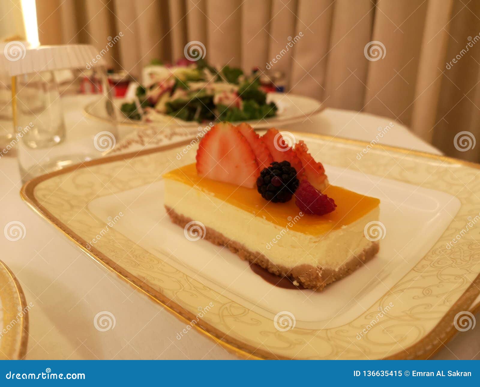 Mango Cheesecake with Strawberry in Dish Stock Image - Image of lovely ...