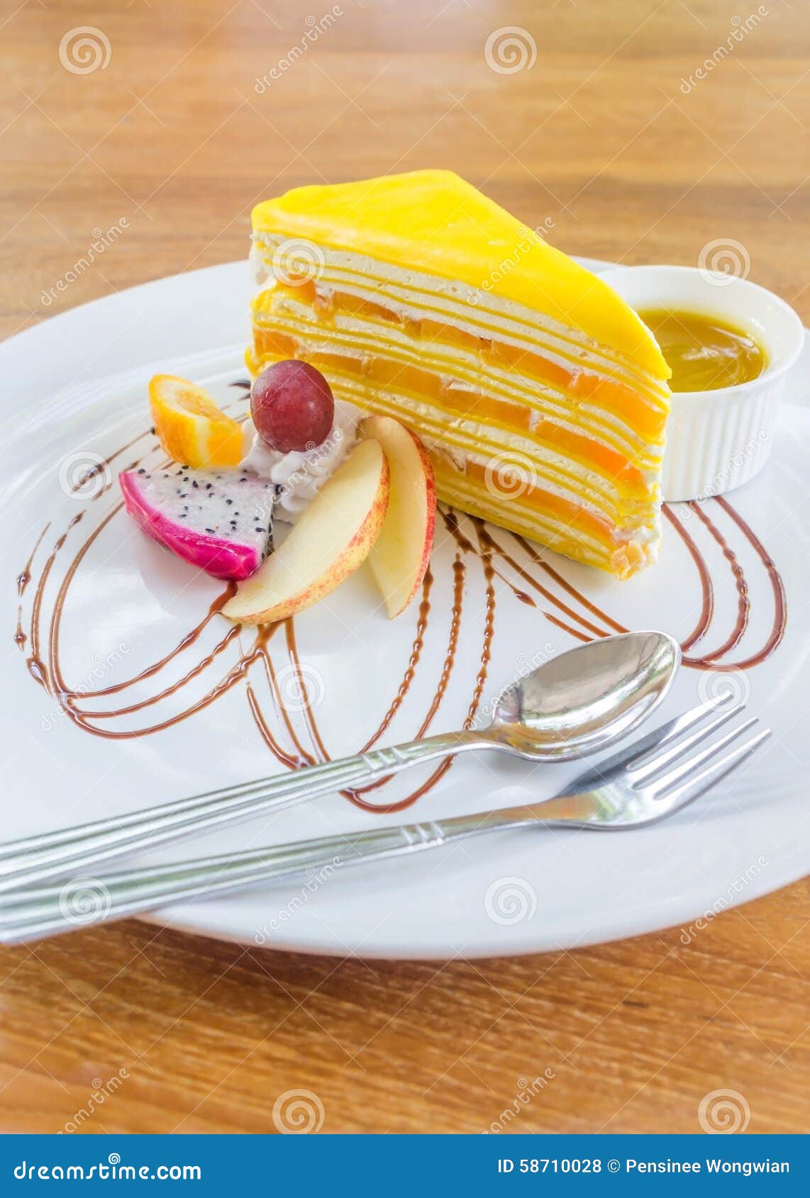Mango Crepe Cake Serve with Mango Sauce Stock Photo - Image of sauce ...