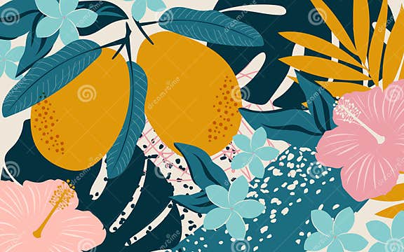 Modern Mango Flower Collage. Exotic Tropical Leaves with Fruits Create ...