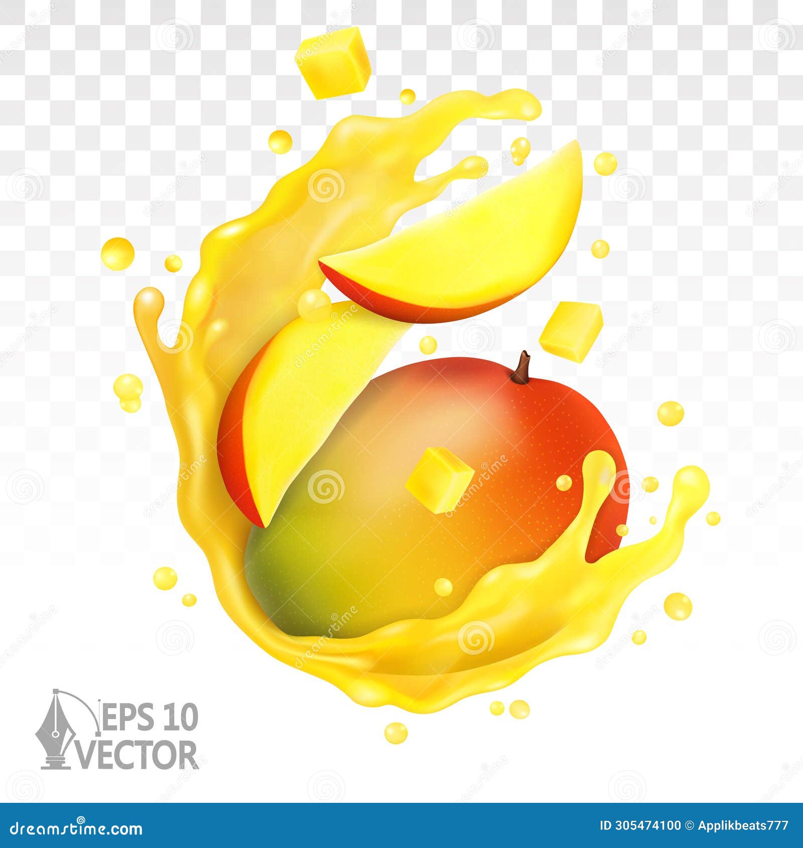 Mango Fresh Fruit, Cube and Slices with Splash, Realistic Mango Juice ...