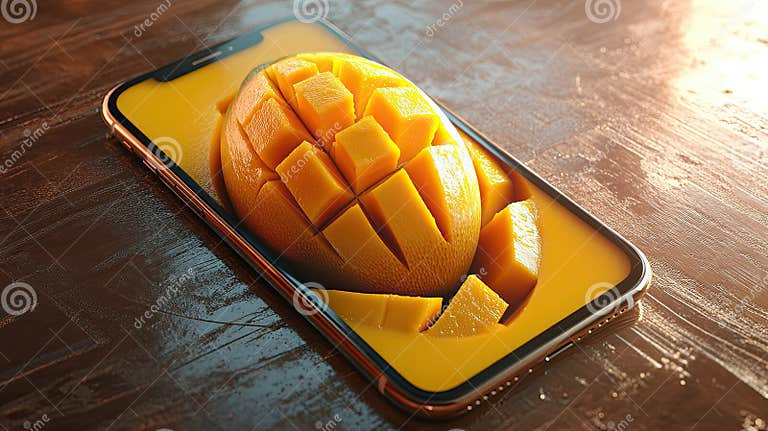 A Mango Fruit Emerging from a Smartphone Screen on a Wooden Table Stock ...