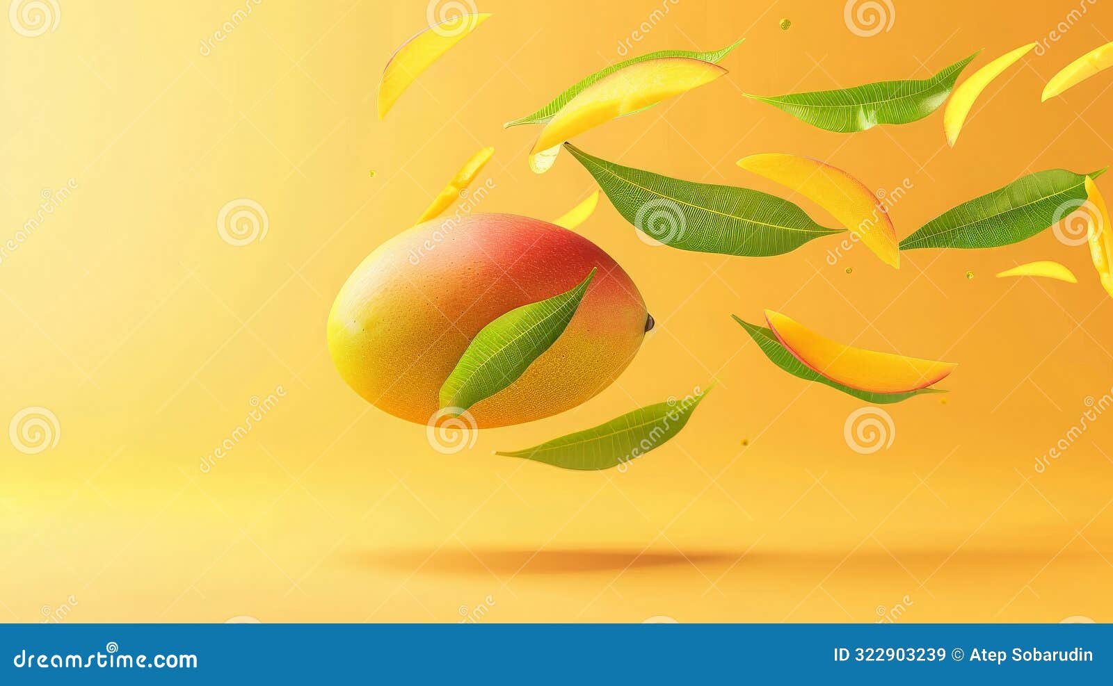 Mango Fruit Falling with Leaves on a Yellow Background Stock ...