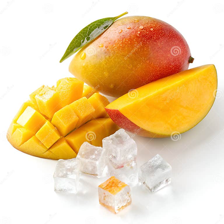 Mango Fruit with Ice Cubes and Slices Isolated on White Background ...