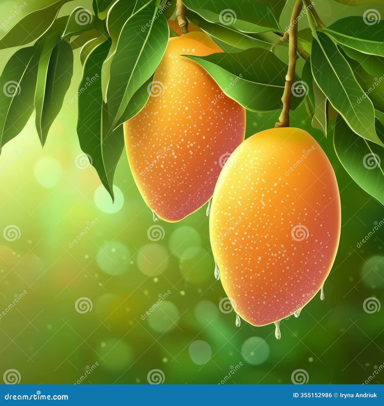 Mango Fruit with Leaves on Bokeh Background. Vector Illustration Stock ...
