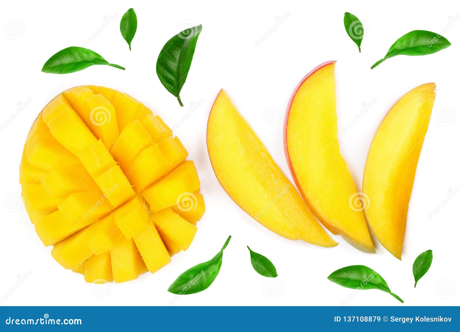 Mango Fruit and Slices Isolated on White Background Close-up. Top View ...