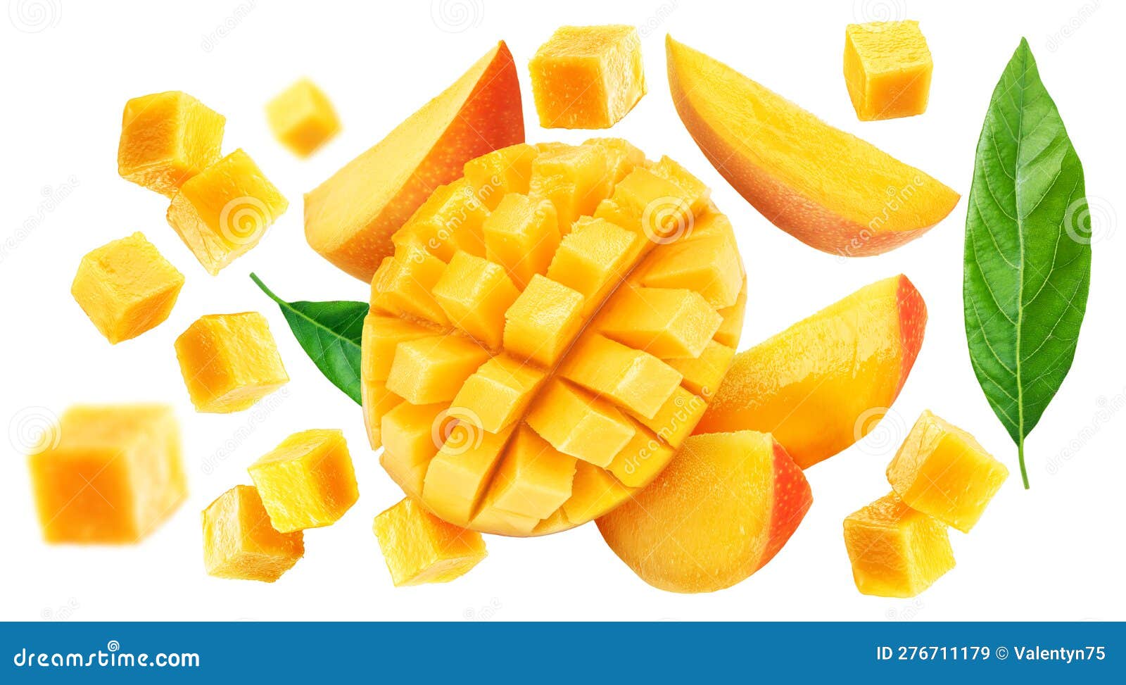 Mango Fruit Slices and Mango Cubes Flying Isolated on White Background ...