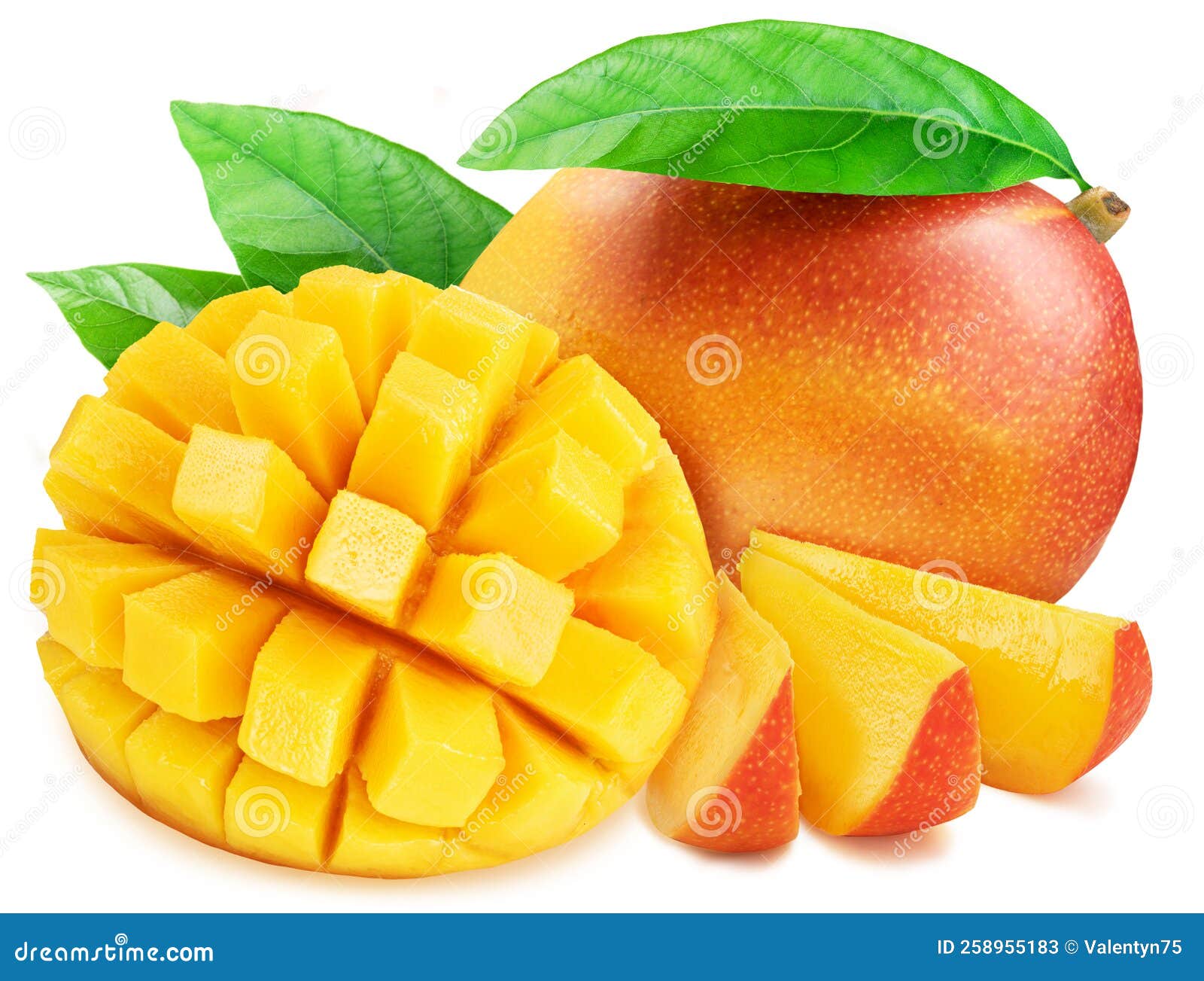 Mango Fruits with Green Leaf and Mango Cut in Hedgehog Style Isolated ...